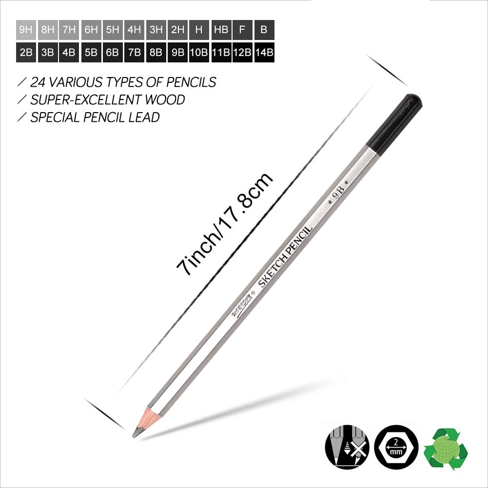 dainayw Professional Drawing Sketching Pencils Set, 24 Pieces Art Pencils (14B - 9H), Graphite Shading Pencils for Beginners & Pro Artists