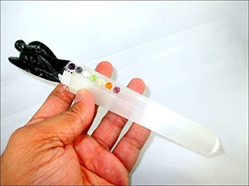 Jet Selenite Chakra Wand with Black Tourmaline Angel Stick Approx. 5-5.5 inch Energized Charged Cleansed Programmed Pure Genuine Stick Free Booklet Jet International Image is JUST A Reference