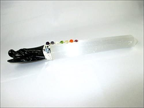 Jet Selenite Chakra Wand with Black Tourmaline Angel Stick Approx. 5-5.5 inch Energized Charged Cleansed Programmed Pure Genuine Stick Free Booklet Jet International Image is JUST A Reference