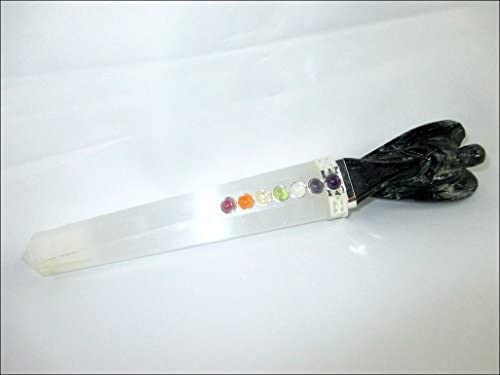 Jet Selenite Chakra Wand with Black Tourmaline Angel Stick Approx. 5-5.5 inch Energized Charged Cleansed Programmed Pure Genuine Stick Free Booklet Jet International Image is JUST A Reference