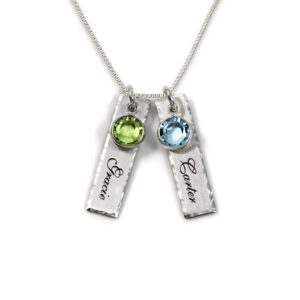 unity in two personalized charm necklace. customize 2 sterling silver rectangular pendants with names of your choice. choose 2 swarovski birthstones, and 925 chain. makes gifts for her