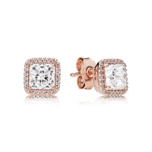 pandora square sparkle halo stud earrings - gold earrings for women - great gift for her - 14k rose gold with sparkling cubic zirconia