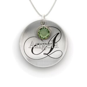 domed name like no other personalized with swarovski birthstone necklace. sterling silver pendant showcases a name and monogramm initial. includes a choice of 925 chain. unique, trendy gifts for her