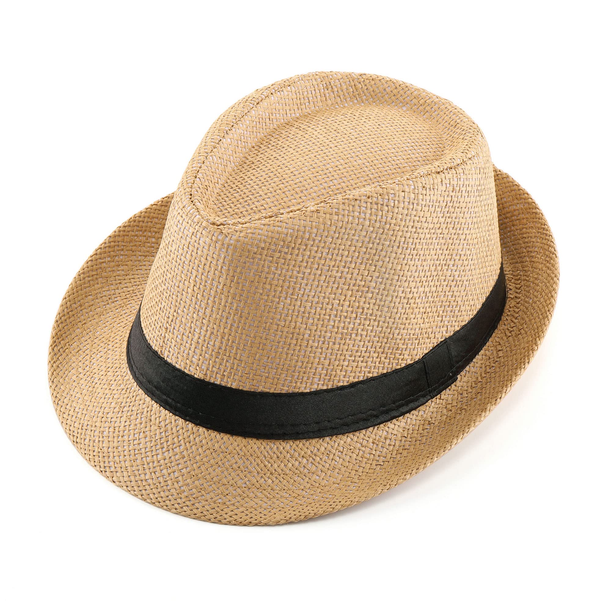 FALETO Unisex Summer Panama Straw Fedora Hat Short Brim Beach Sun Cap Classic (#01 Khaki)