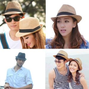 FALETO Unisex Summer Panama Straw Fedora Hat Short Brim Beach Sun Cap Classic (#01 Khaki)