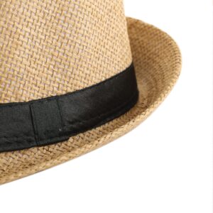 FALETO Unisex Summer Panama Straw Fedora Hat Short Brim Beach Sun Cap Classic (#01 Khaki)