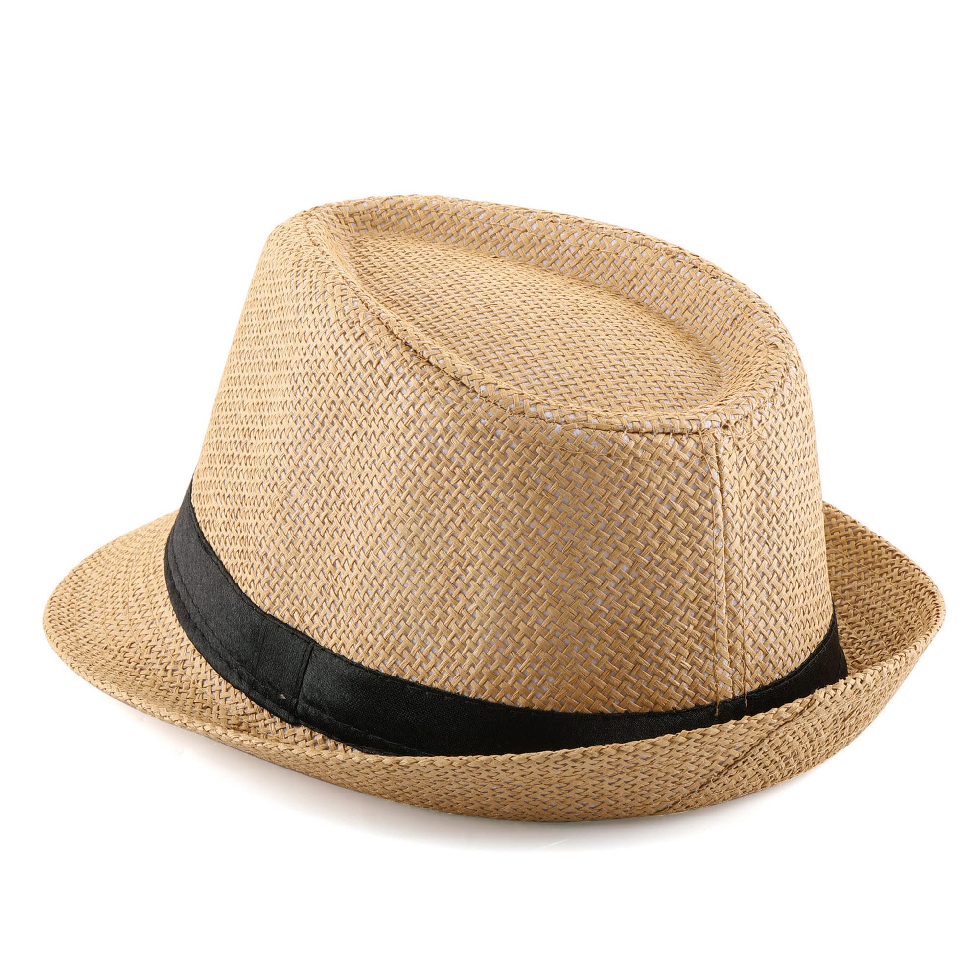 FALETO Unisex Summer Panama Straw Fedora Hat Short Brim Beach Sun Cap Classic (#01 Khaki)