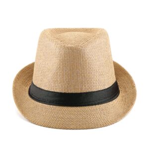 FALETO Unisex Summer Panama Straw Fedora Hat Short Brim Beach Sun Cap Classic (#01 Khaki)