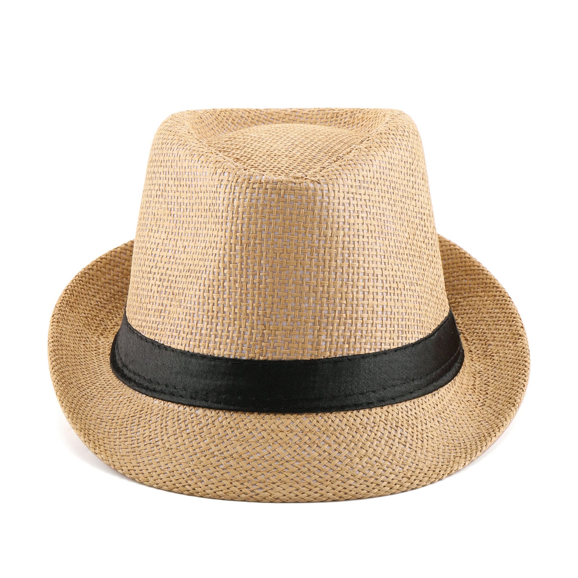 FALETO Unisex Summer Panama Straw Fedora Hat Short Brim Beach Sun Cap Classic (#01 Khaki)