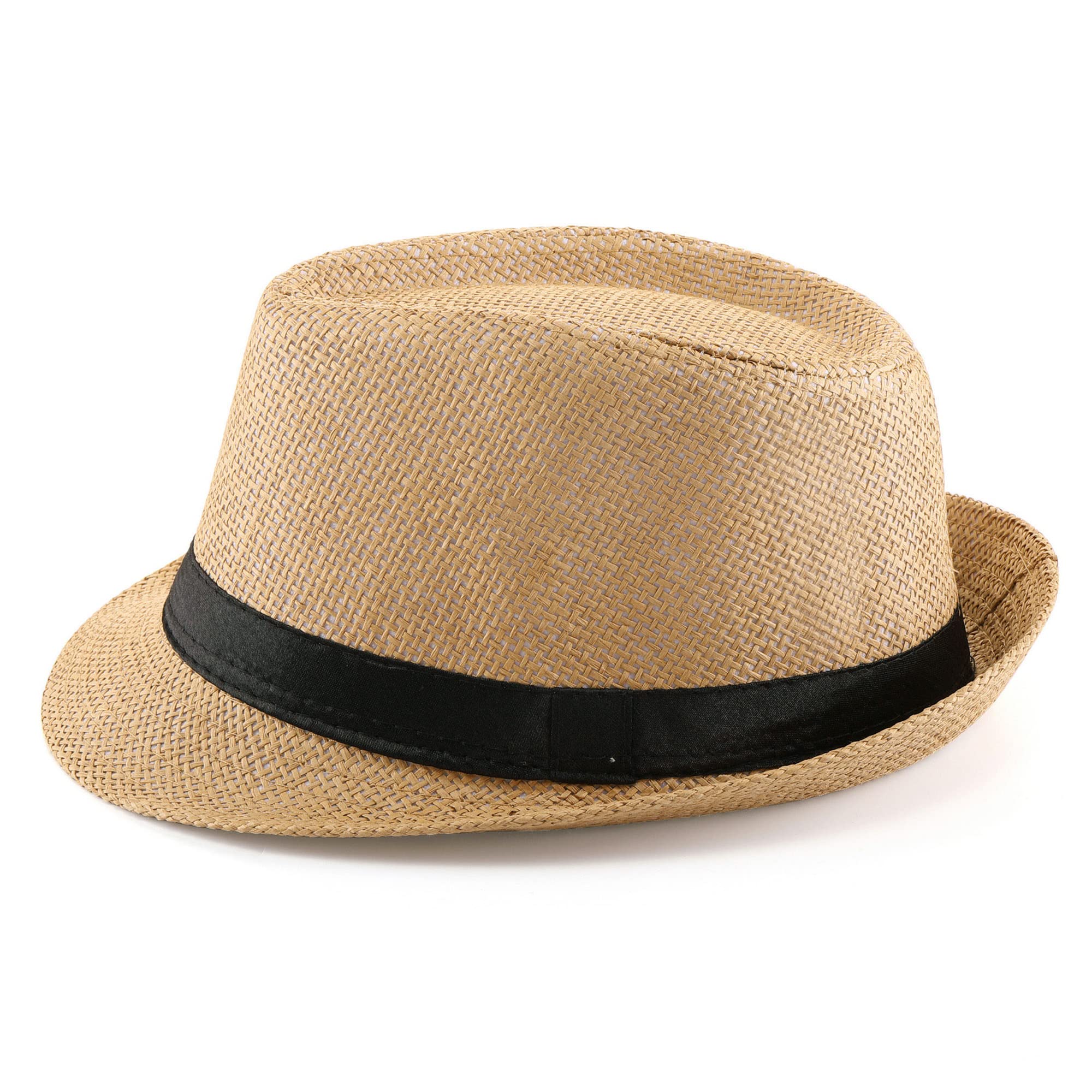 FALETO Unisex Summer Panama Straw Fedora Hat Short Brim Beach Sun Cap Classic (#01 Khaki)