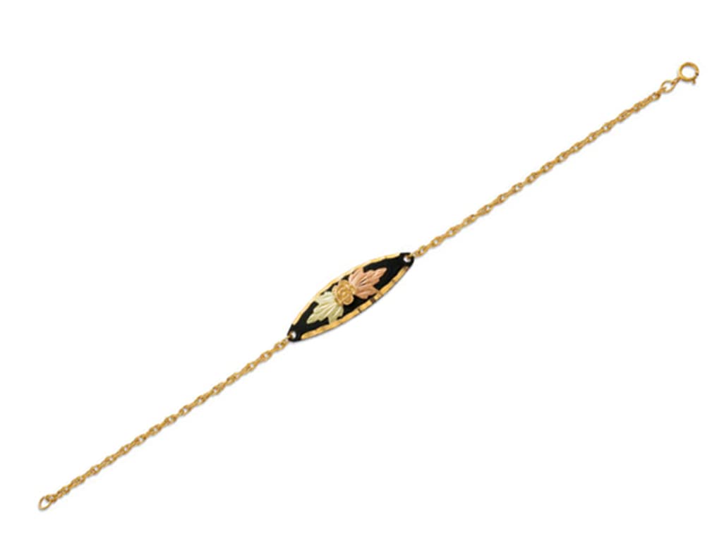 Rose and Leaf Black Bracelet, 10k Yellow Gold, 12k Green and Rose Gold Black Hills Gold Trim 7.25 Inches