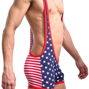 sandbank Men American Flag Wrestling Singlet Jockstrap Bodysuit Active Underwear (XL,Golden Leopard)