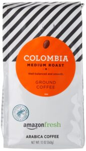 amazon fresh colombia ground coffee, medium roast, 12 ounce