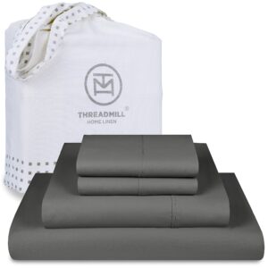 Threadmill Cotton Full Size Sheet Set| 100% Cotton Sheets for Full Size Bed | Solid Sateen Full Bed Sheets Set with 16” Elasticized Deep Pocket | Soft Breathable 4-Piece Cooling Sheet Set | Dark Grey