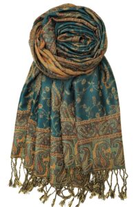 achillea soft silky reversible paisley pashmina shawl wrap scarf w/fringes (dark seagreen)