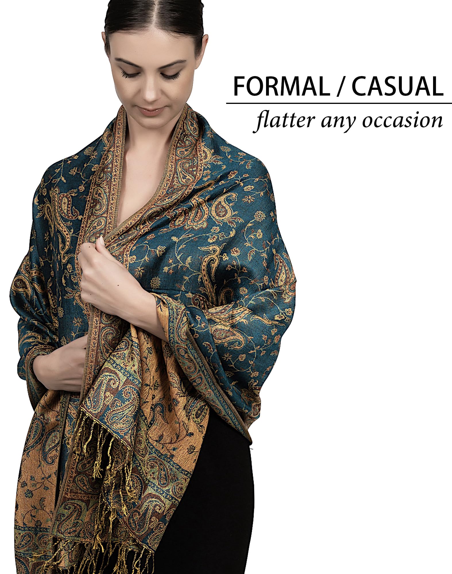 Achillea Soft Silky Reversible Paisley Pashmina Shawl Wrap Scarf w/Fringes (Dark Seagreen)