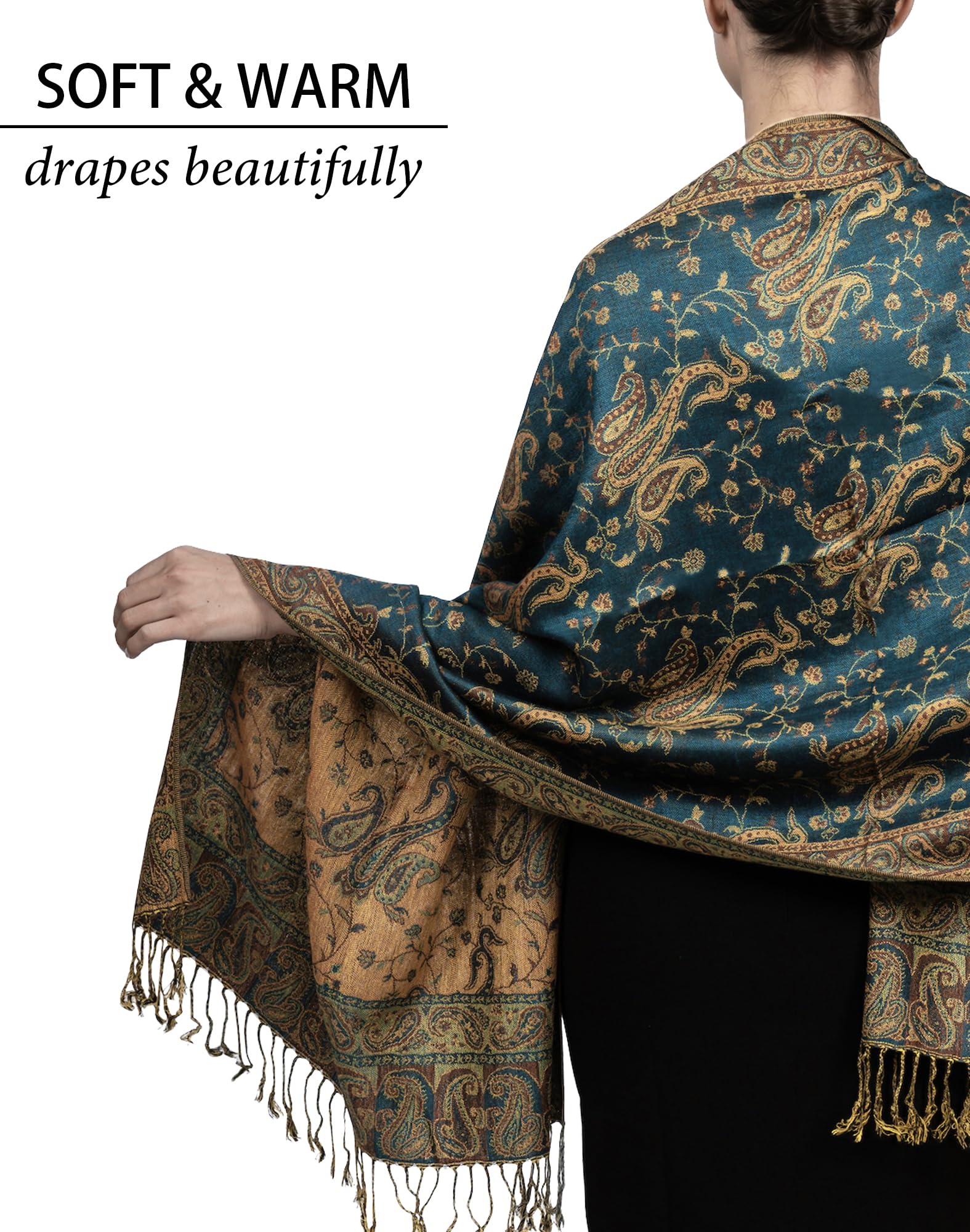 Achillea Soft Silky Reversible Paisley Pashmina Shawl Wrap Scarf w/Fringes (Dark Seagreen)