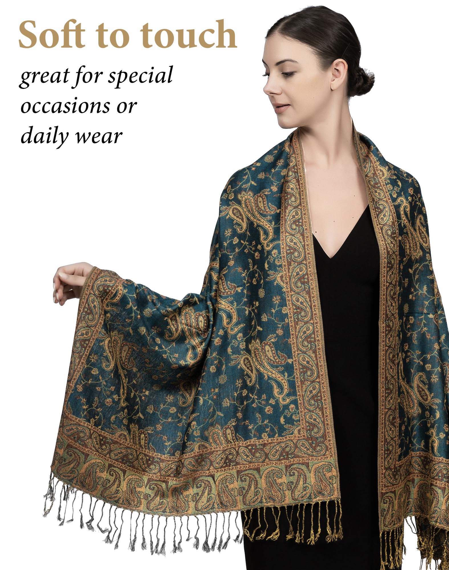 Achillea Soft Silky Reversible Paisley Pashmina Shawl Wrap Scarf w/Fringes (Dark Seagreen)