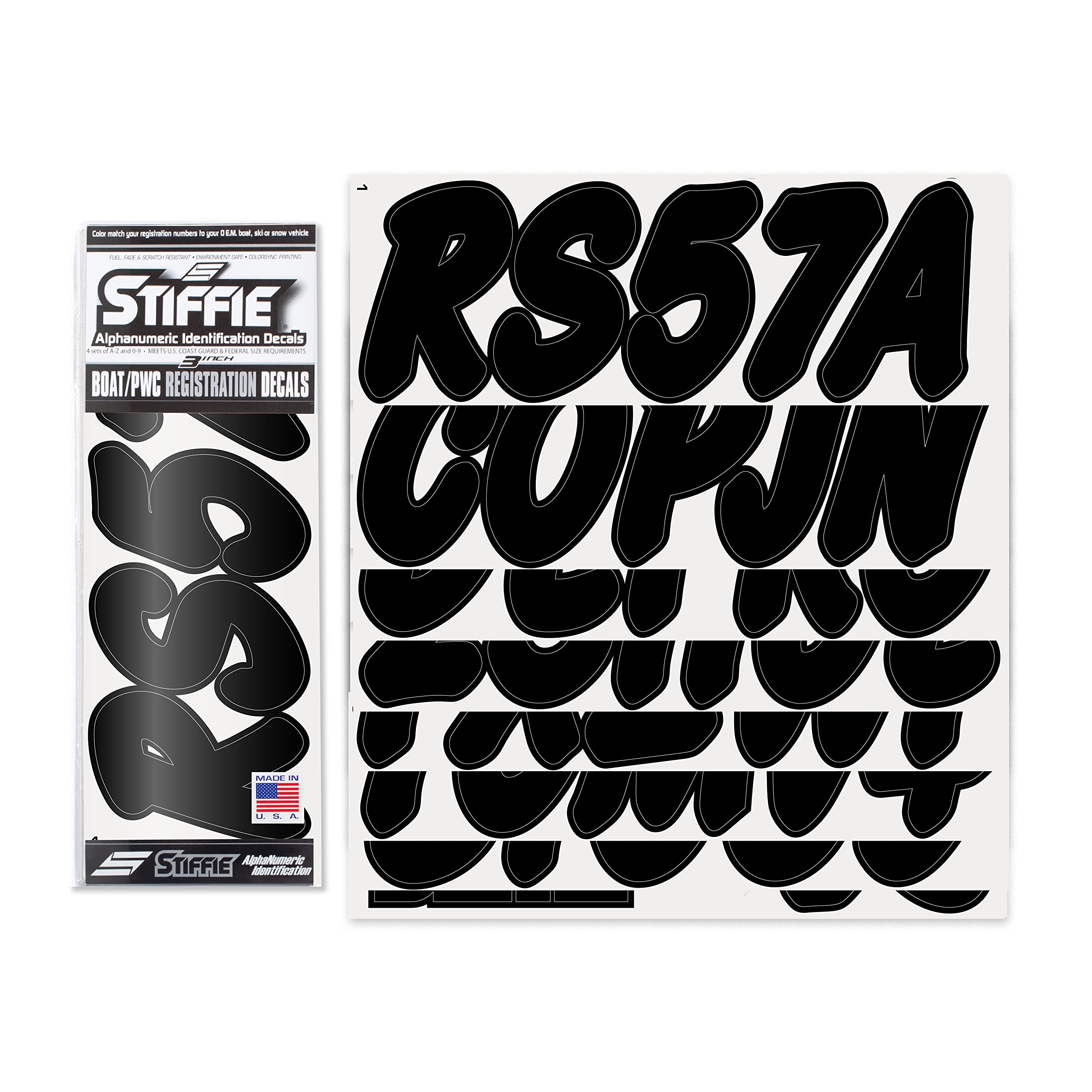 STIFFIE WhipOne Black SUPER STICKY 3" Alpha Numeric Registration Identification Numbers Stickers Decals for Sea-Doo SPARK, Inflatable Boats, RIBs, Hypalon/PVC, PWC and Boats.