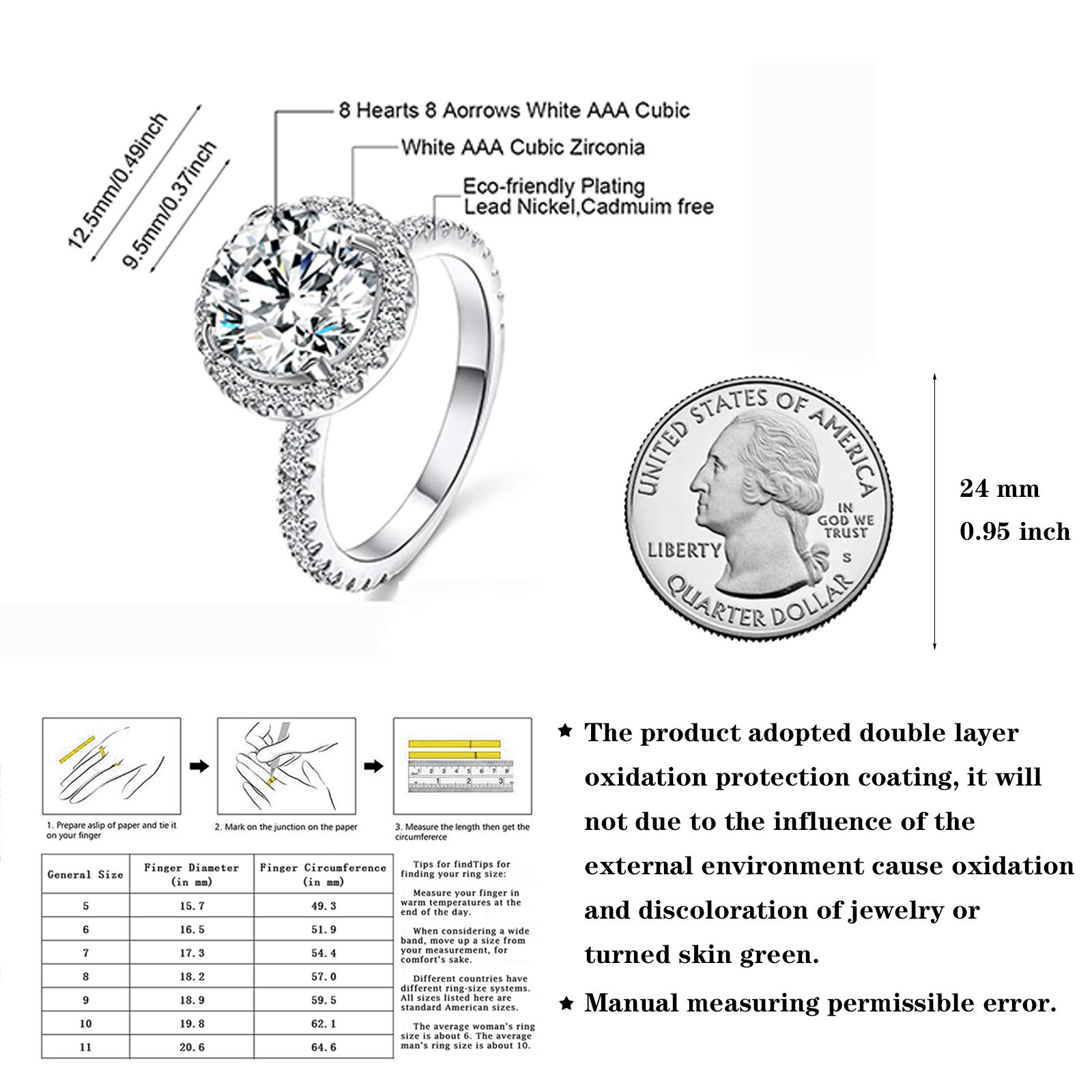 JIANGYUE 3 Carat Round CZ Big Stone Solitaire White Gold Plated Engagement Wedding Rings for Love for Women, Halo Style Shining Classical Ladies Mother's Day Jewelry Size 9