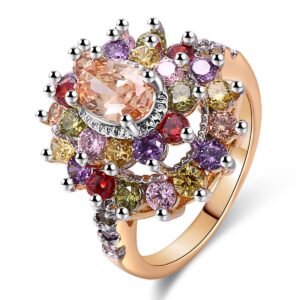 jiangyue multicolor aaa grade rainbow ring rose gold plated cubic zirconia multi-stone ring for women fashion jewelry size 10