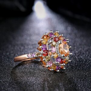 JIANGYUE Multicolor AAA Grade Rainbow Ring Rose Gold Plated Cubic Zirconia Multi-Stone Ring for Women Fashion Jewelry Size 10