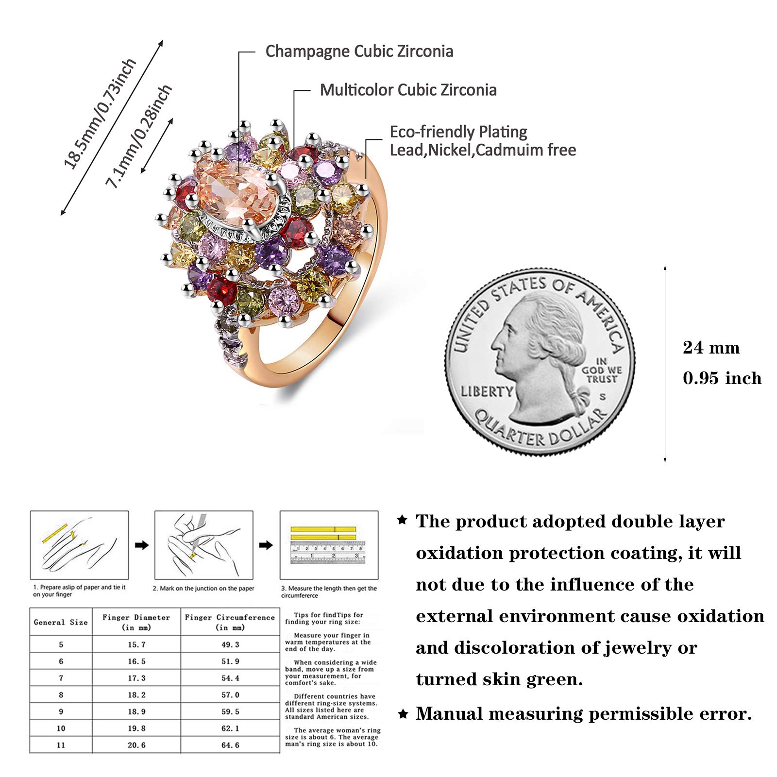 JIANGYUE Multicolor AAA Grade Rainbow Ring Rose Gold Plated Cubic Zirconia Multi-Stone Ring for Women Fashion Jewelry Size 8