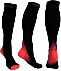 physix gear compression socks 20-30 mmhg - men & women - running, nurses, shin splints, flight, travel (black / red-s/m)