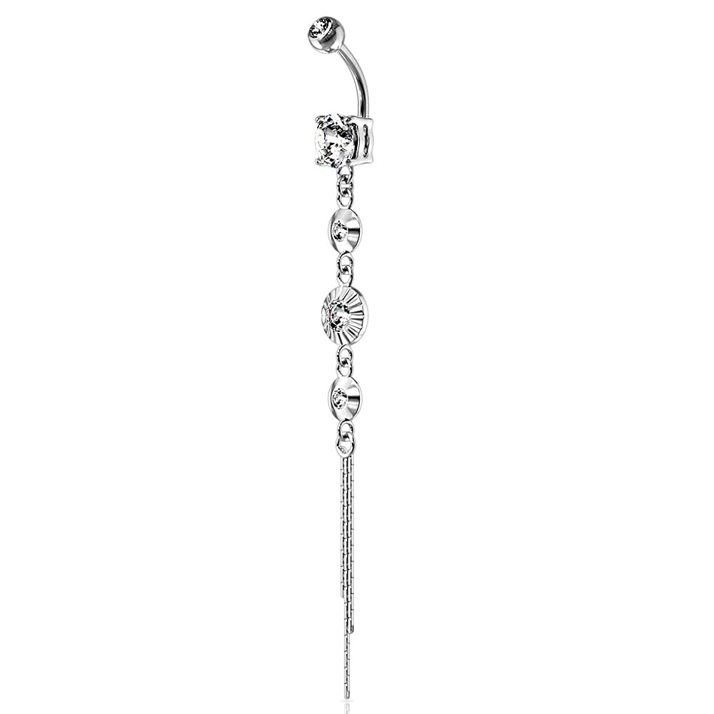 Pierced Owl 14GA 316L Stainless Steel CZ Centered Crystal Drop Chain Dangling Belly Button Ring (Clear)