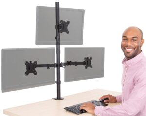 stand steady triple monitor desk stand with clamp-on base, for home or office use, height adjustable computer monitor stand with full articulation vesa mounts, fits most lcd/led monitors 13-32 inches