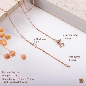 Amberta 14K Rose Gold Plated on 925 Sterling Silver 1.3 mm Curb Chain Necklace Length 18" inch / 45 cm (18)