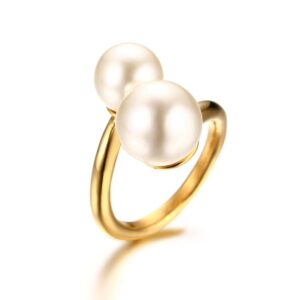 double simulated pearl wrap ring: gold plated stainless steel large statement ring for women, size 7