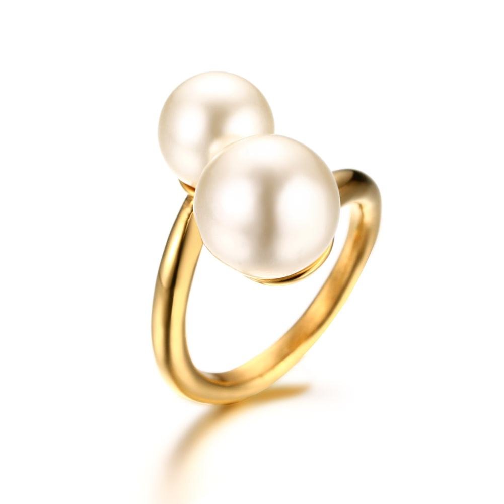 Double Simulated Pearl Wrap Ring: Gold Plated Stainless Steel Large Statement Ring for Women, Size 7