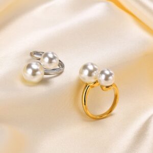 Double Simulated Pearl Wrap Ring: Gold Plated Stainless Steel Large Statement Ring for Women, Size 7