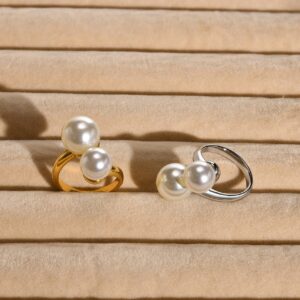 Double Simulated Pearl Wrap Ring: Gold Plated Stainless Steel Large Statement Ring for Women, Size 7