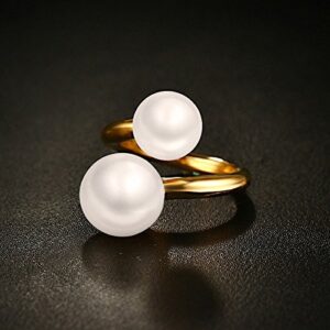 Double Simulated Pearl Wrap Ring: Gold Plated Stainless Steel Large Statement Ring for Women, Size 7