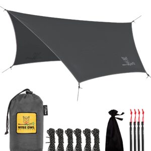 Wise Owl Outfitters Hammock Tarp, Hammock Tent - Rain Tarp for Camping Hammock - Camping Gear Must Haves w/Easy Set Up Including Tent Stakes and Carry Bag - Standard Grey