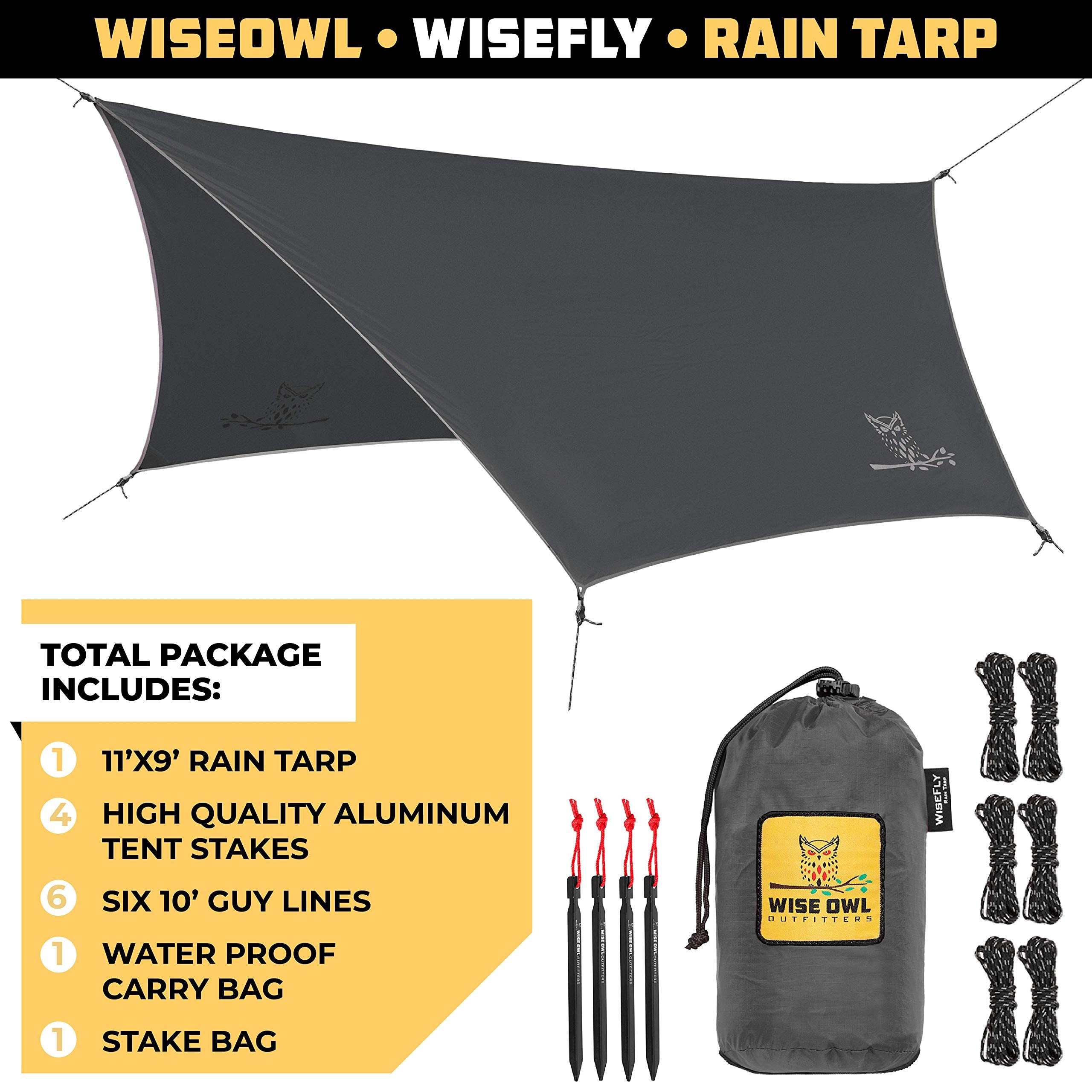 Wise Owl Outfitters Hammock Tarp, Hammock Tent - Rain Tarp for Camping Hammock - Camping Gear Must Haves w/Easy Set Up Including Tent Stakes and Carry Bag - Standard Grey