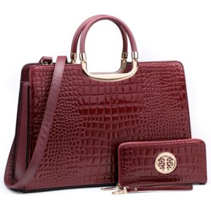 womens handbag top handle shoulder bag tote satchel purse work bag with matching wallet (2-croco wine)