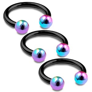 bodyjewellery 3pcs 16g horseshoe ring lip nose septum cartilage hoop tragus forward helix black anodized steel rainbow balls - 8mm