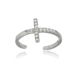 hoops & loops 925 sterling silver cubic zirconia sideways cross open toe ring for women teen girls men, silver