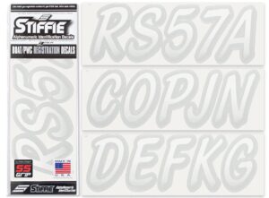 stiffie whipline white/silver super sticky 3" alpha numeric registration identification numbers stickers decals for sea-doo spark, inflatable boats, ribs, hypalon/pvc, pwc and boats.