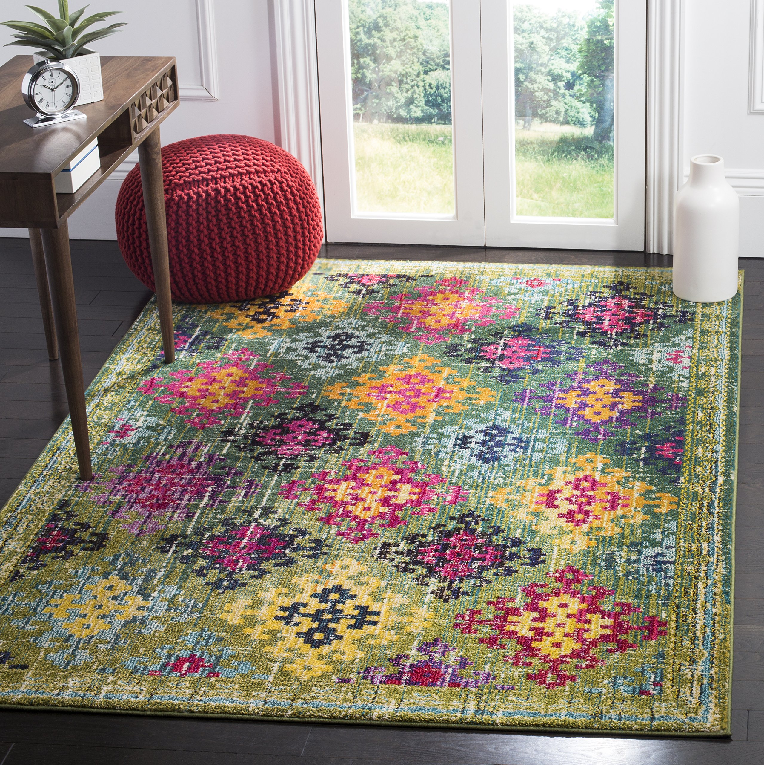 SAFAVIEH Monaco Collection Area Rug - 8' x 10', Green & Multi, Boho Diamond Trellis Design, Non-Shedding & Easy Care, Ideal for High Traffic Areas in Living Room, Bedroom (MNC244G)