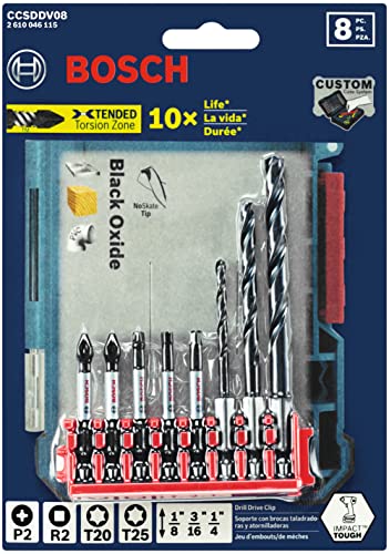 BOSCH CCSDDV08 8-Piece Assorted Set Impact Tough Black Oxide Drill Bits and 2 in. Phillips, Square, and Torx Power Bits with Clip for Custom Case System