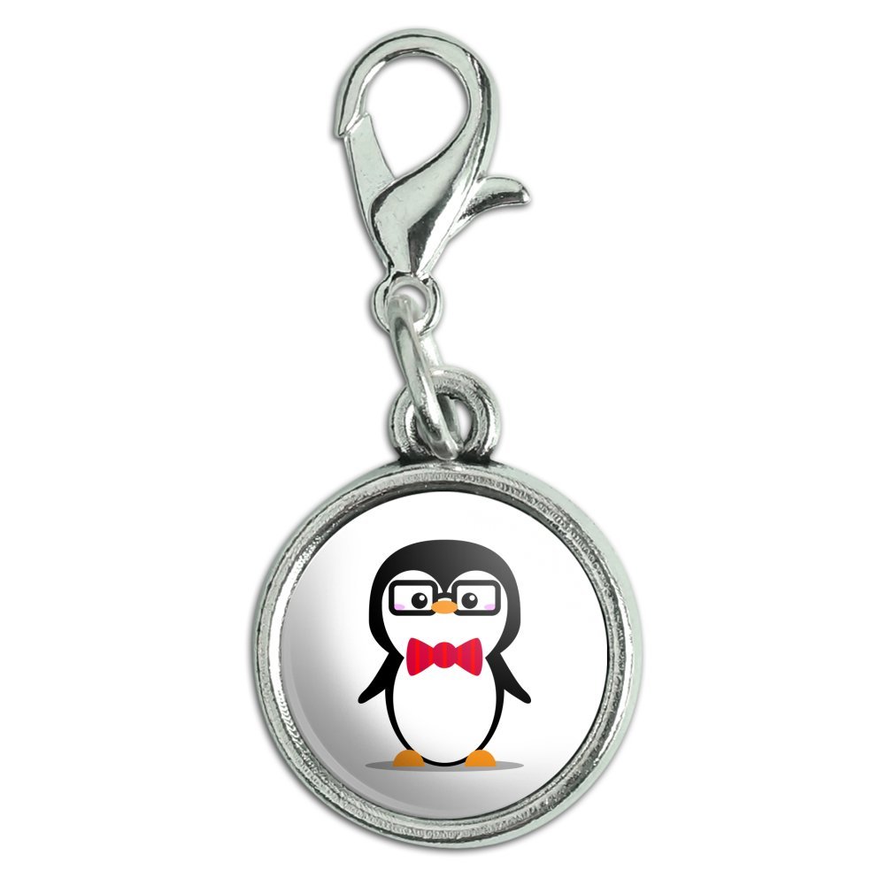 GRAPHICS & MORE Cartoon Penguin with Bow Tie and Glasses Antiqued Bracelet Pendant Zipper Pull Charm with Lobster Clasp