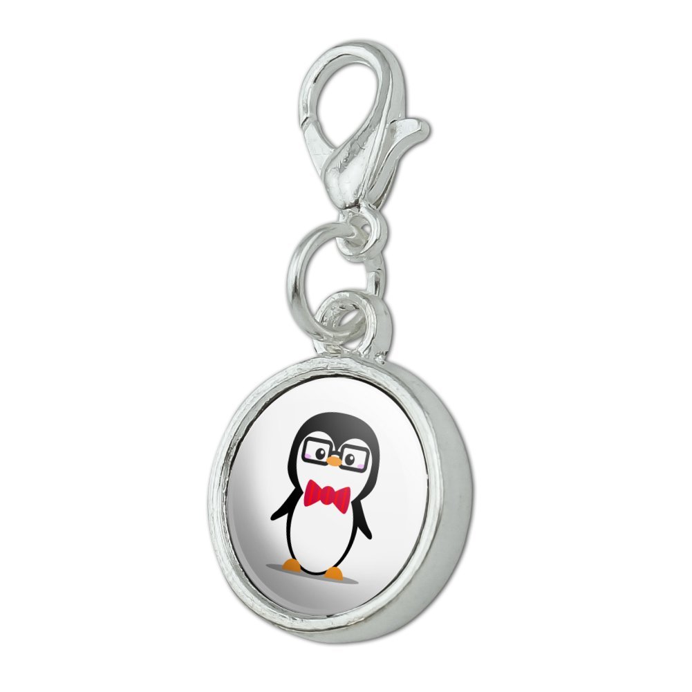 GRAPHICS & MORE Cartoon Penguin with Bow Tie and Glasses Antiqued Bracelet Pendant Zipper Pull Charm with Lobster Clasp