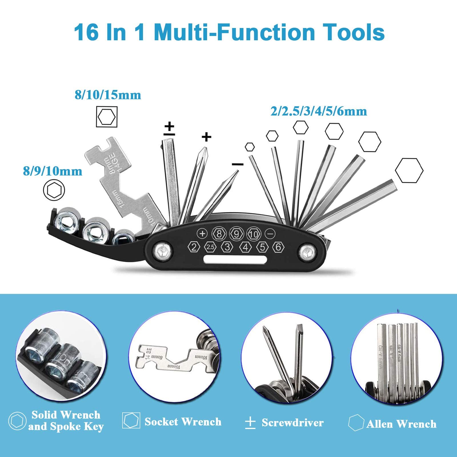 Bike Repair Bag, Bicycle Tire Pump, Tire Puncture Repair Kit, Bike Multi Tool Set, Maintain Bike Repair Tool Kit Portable Bike Bag. Safety Emergency All in One Bike Tool for Camping Travel