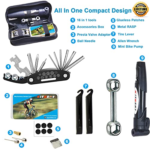 Bike Repair Bag, Bicycle Tire Pump, Tire Puncture Repair Kit, Bike Multi Tool Set, Maintain Bike Repair Tool Kit Portable Bike Bag. Safety Emergency All in One Bike Tool for Camping Travel