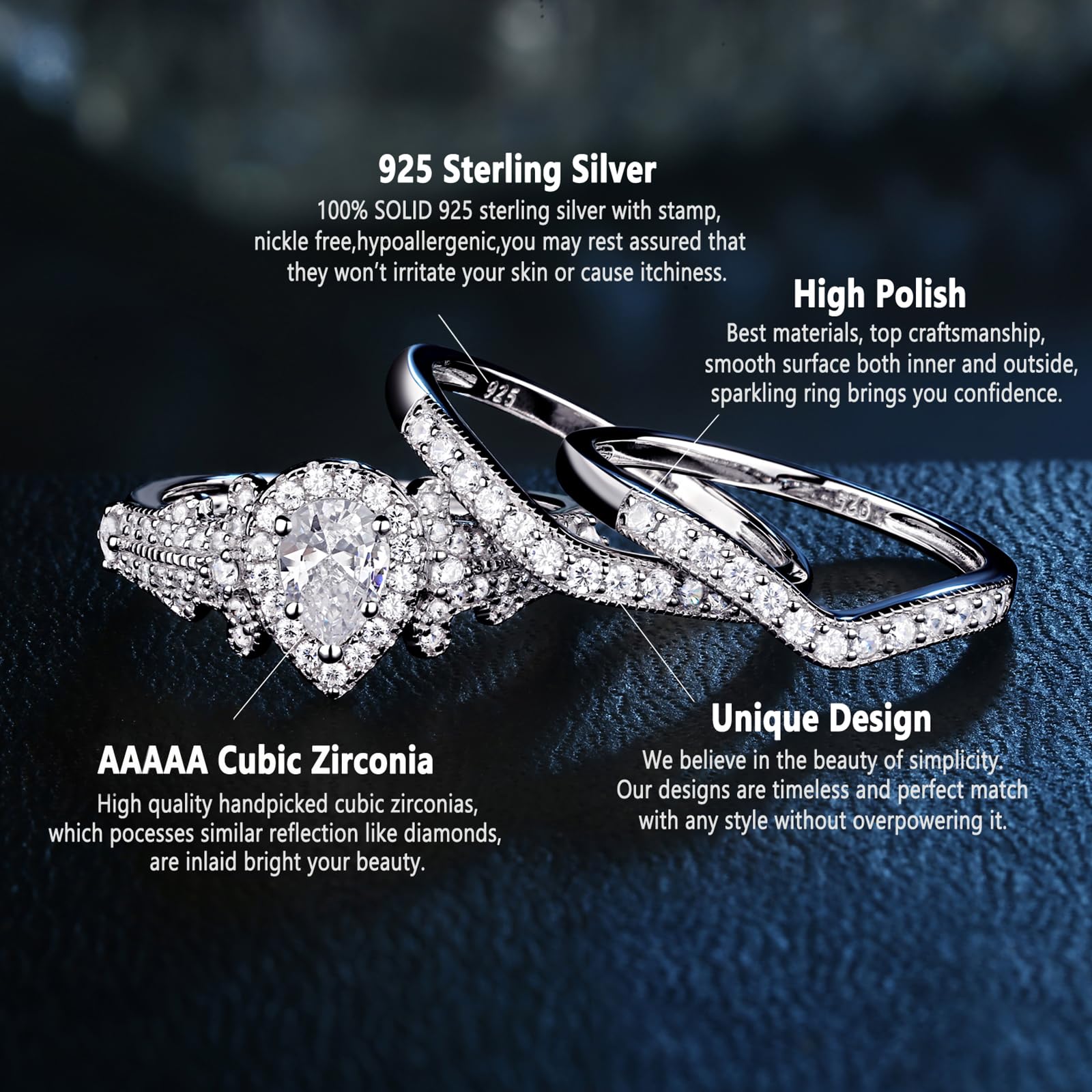 Newshe Wedding Rings for Women 5A Cz Engagement Band 925 Sterling Silver 1.5CT Pear Bridal Sets Size 9