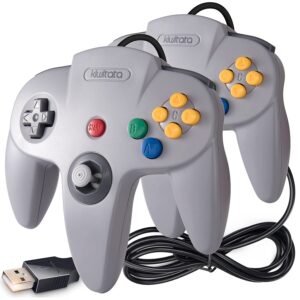 kiwitata 2 pack classic n64 usb controller, retro n64 usb wired game pad joystick controller for windows pc/mac laptop computer retropie gray